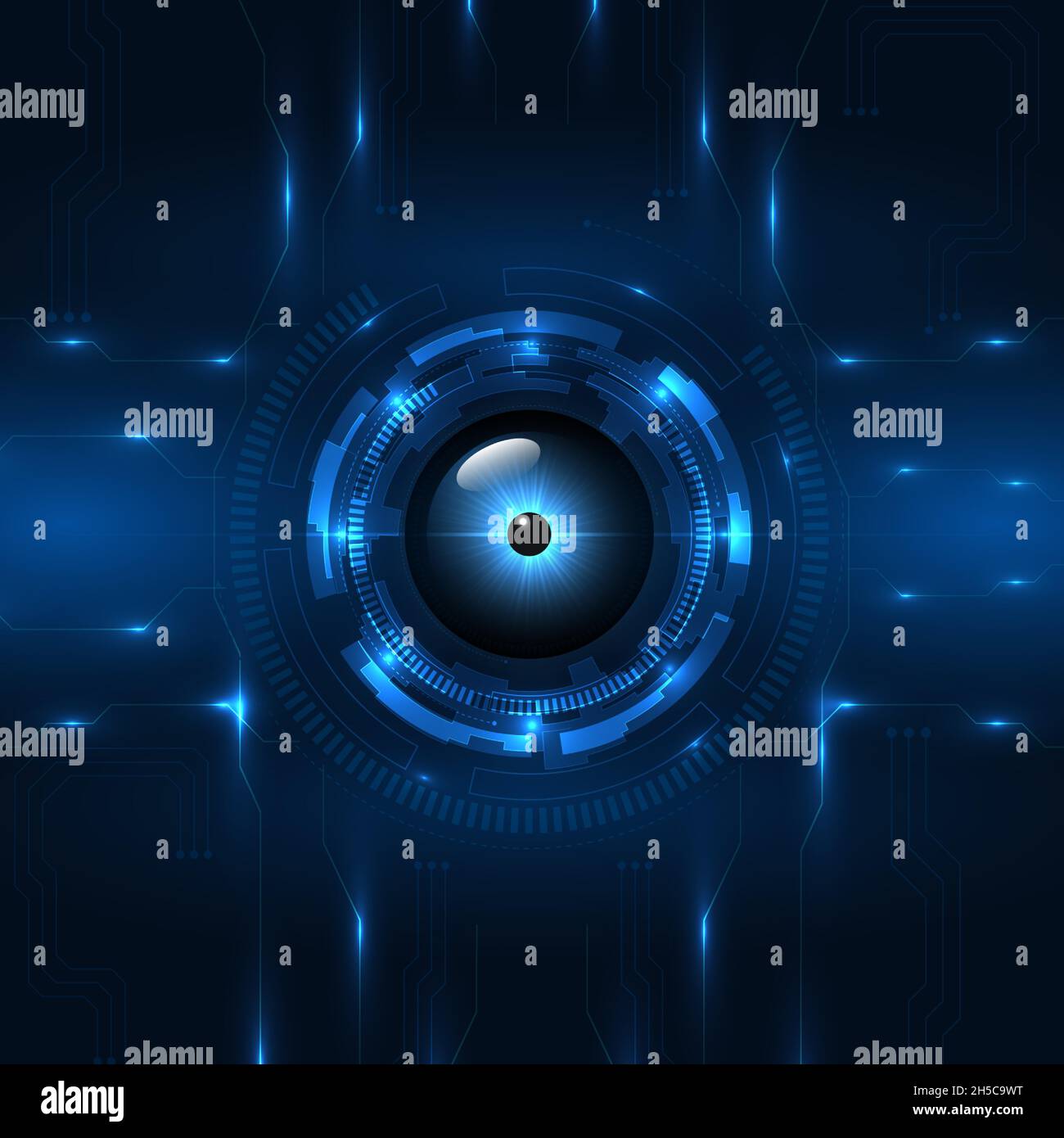 Blue cyber eye circuit board digital technology futuristic concept background. Electronic ...