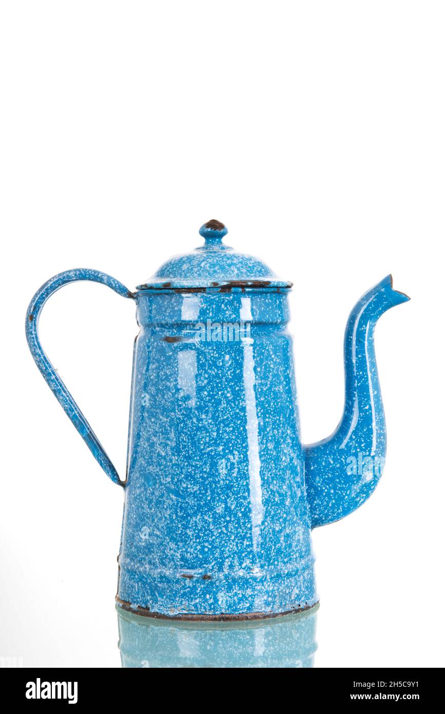 Vintage enamel blue coffee pot isolated over white background Stock ...