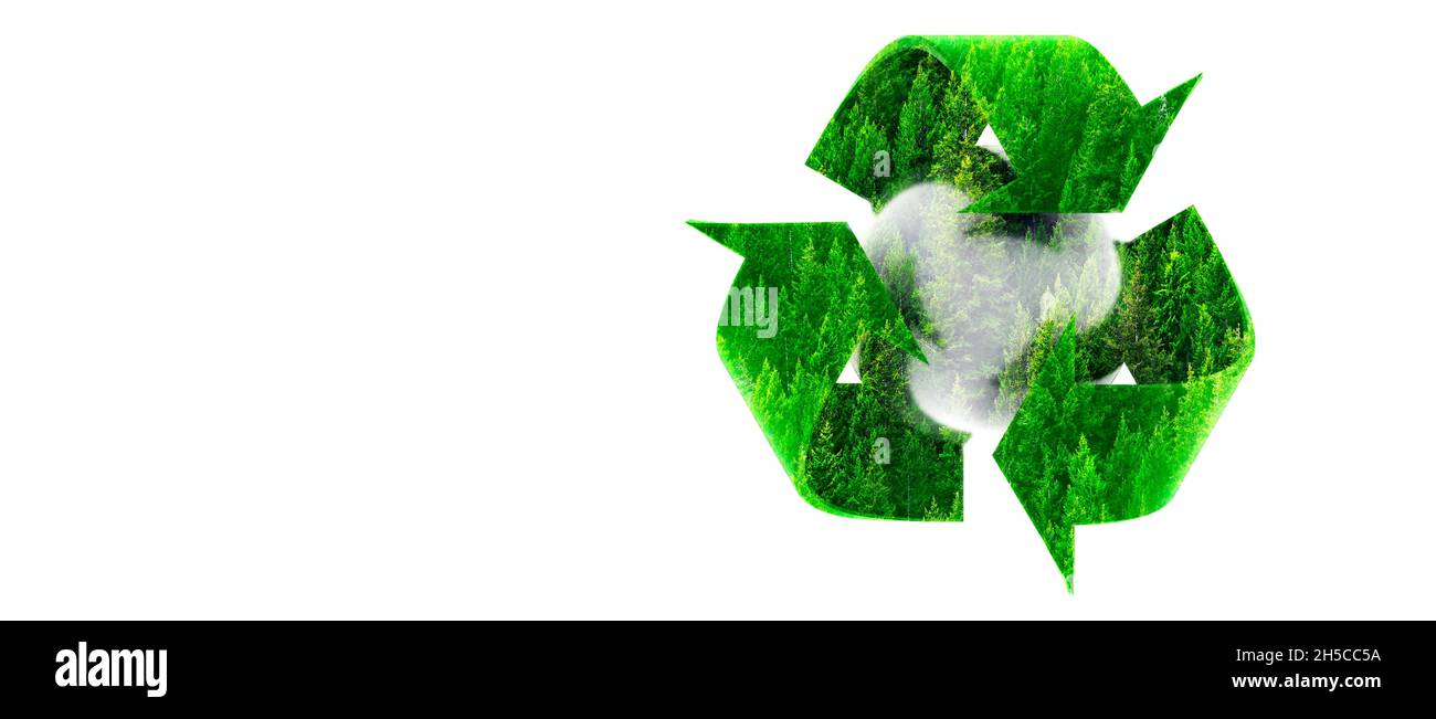 Recycle Symbol with View of forest of green pine trees on mountainside ...