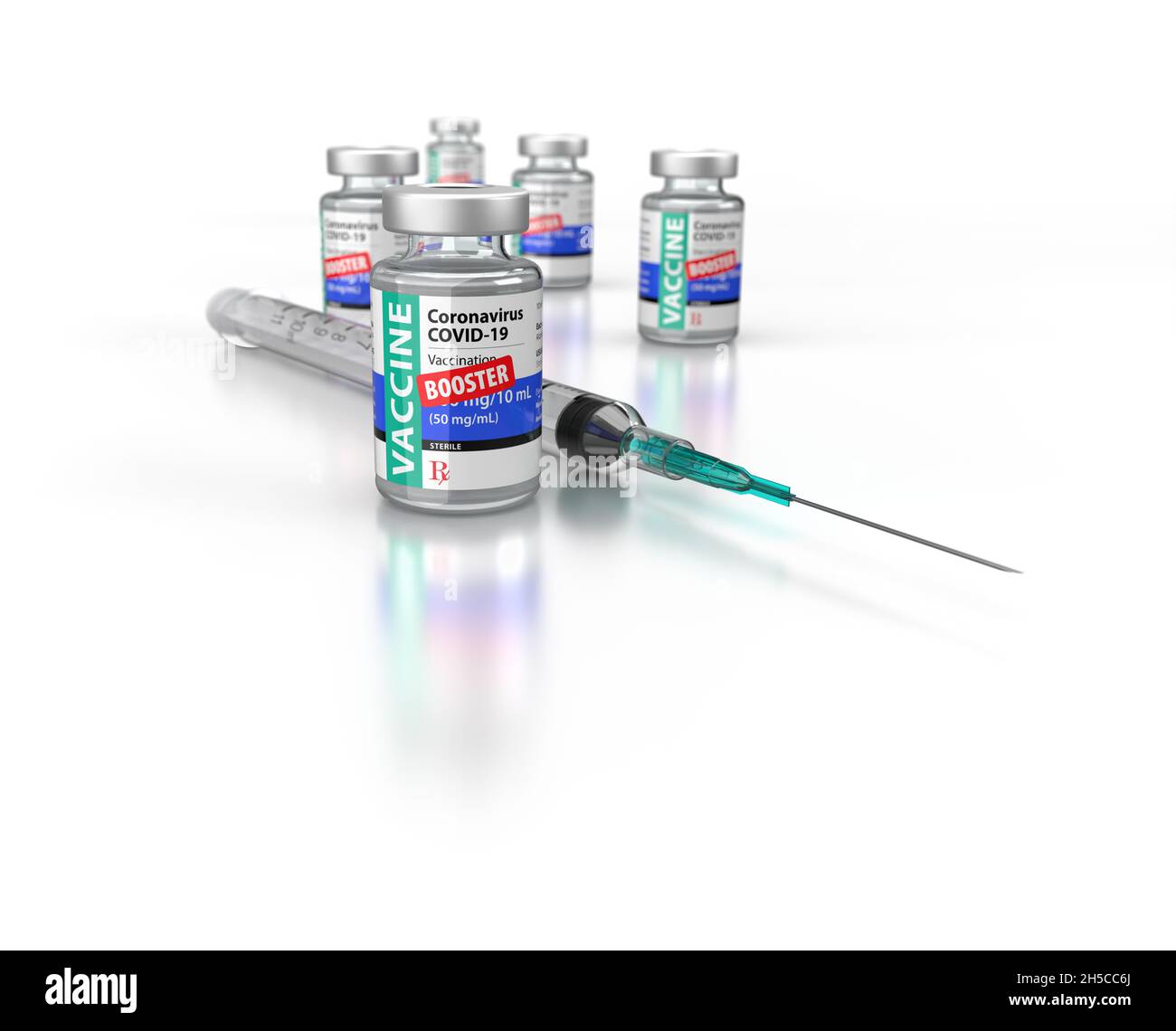 Coronavirus COVID-19 Vaccine Booster Vials and Syringe On Reflective ...