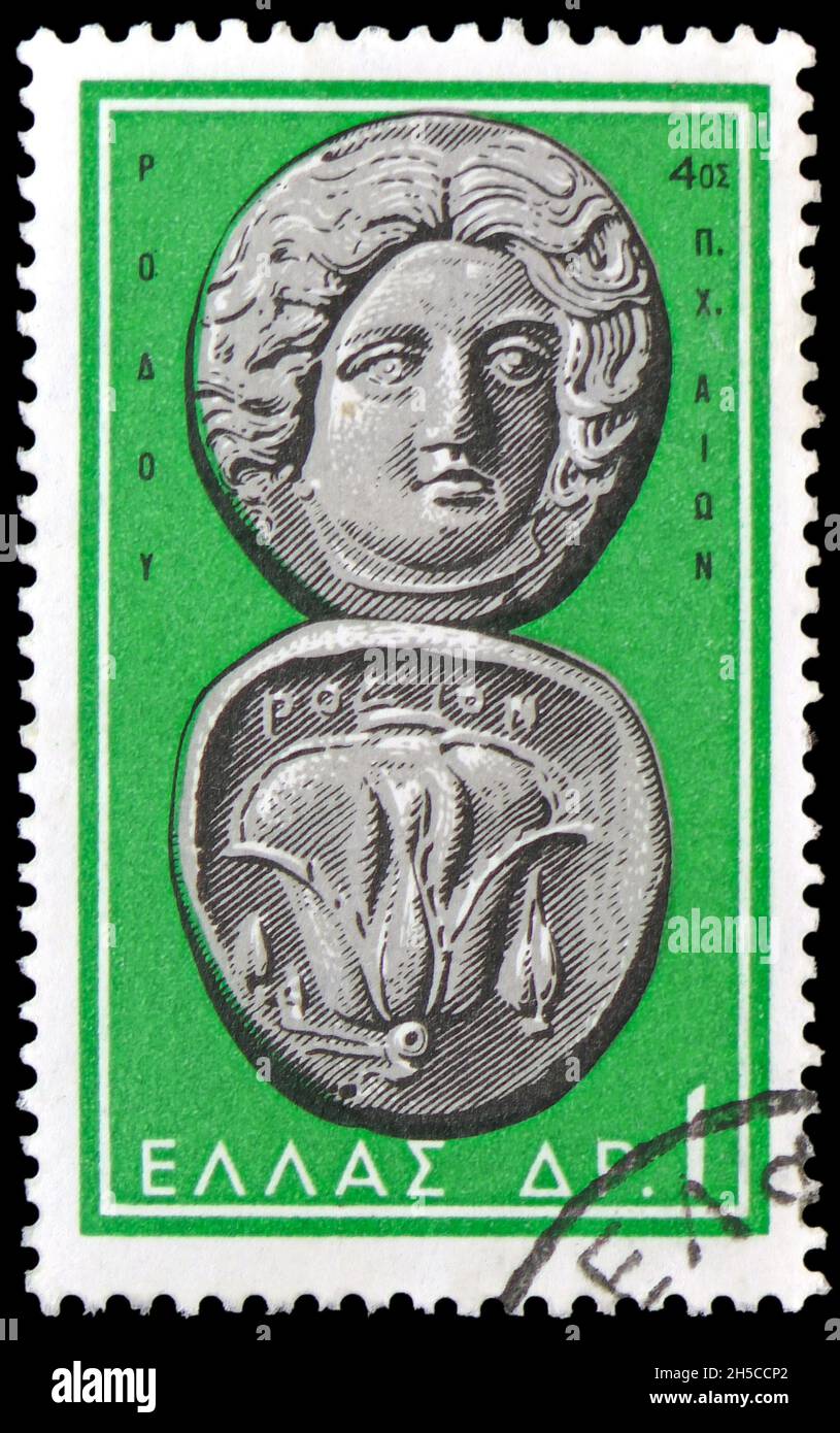 MOSCOW, RUSSIA - OCTOBER 24, 2021: Postage stamp printed in Greece ...