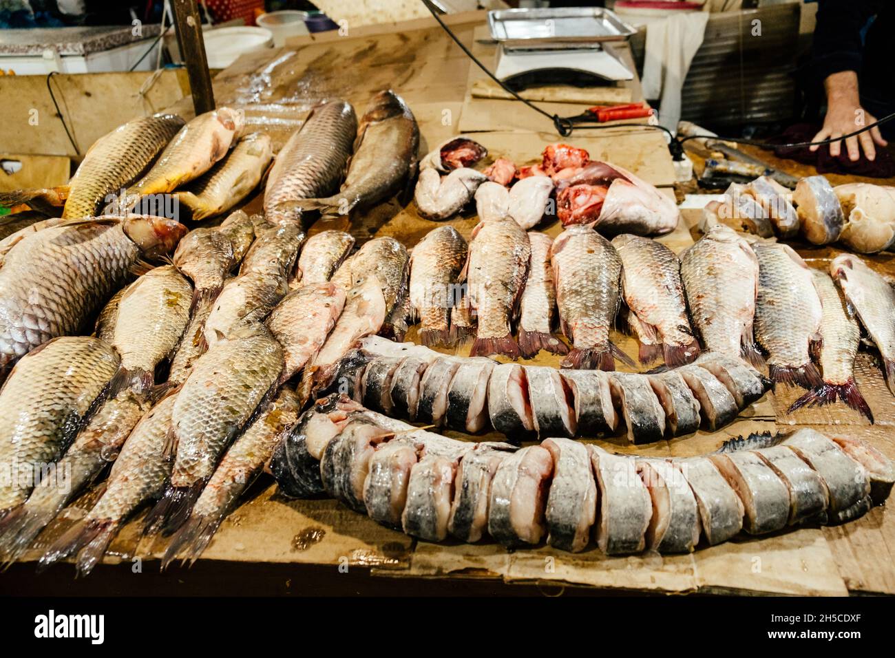 Makhachkala, Russia - October, 2021: fresh fish sold in the food market ...