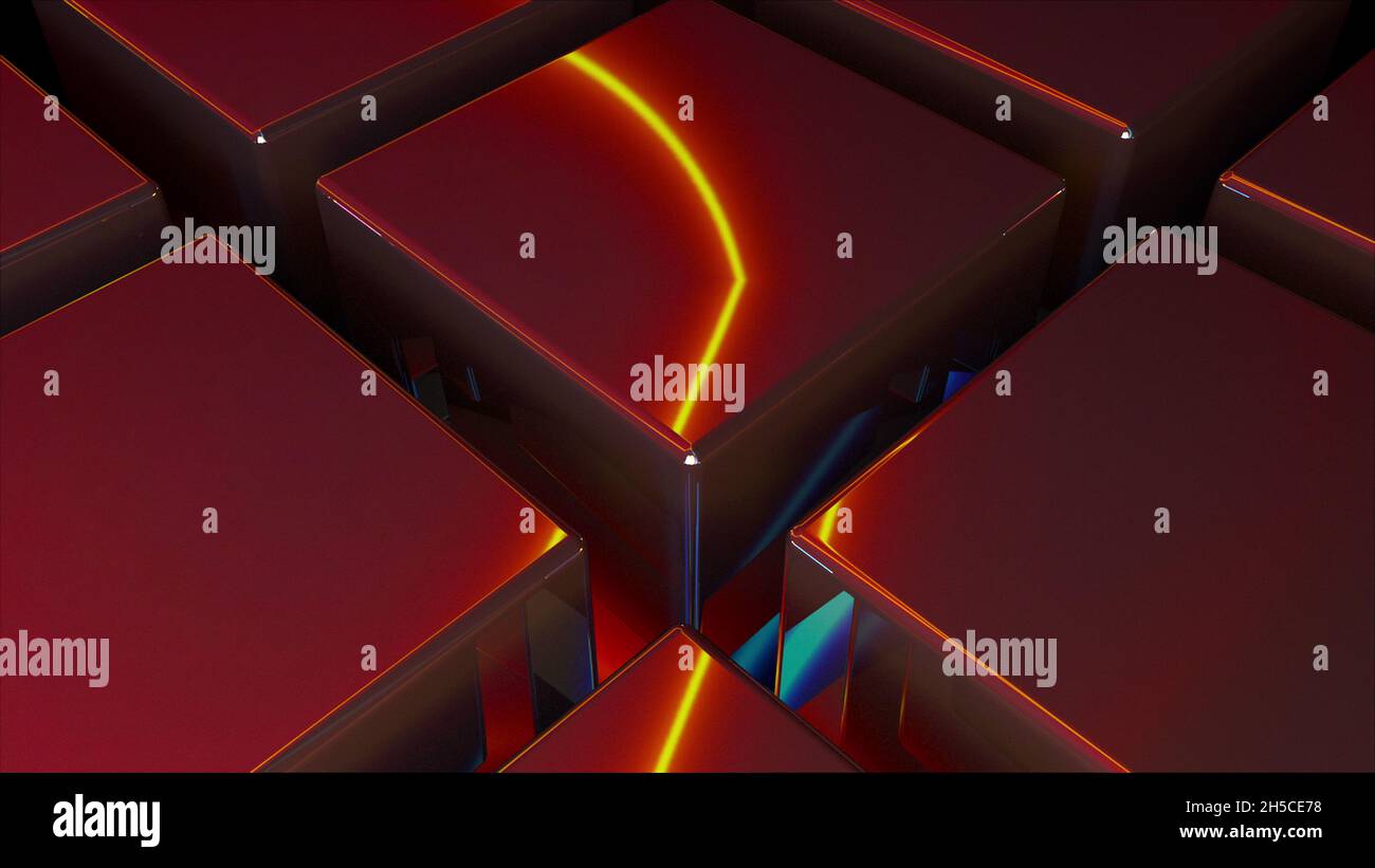 Bright lines 3d render of squares with laser curved line in reflection ...