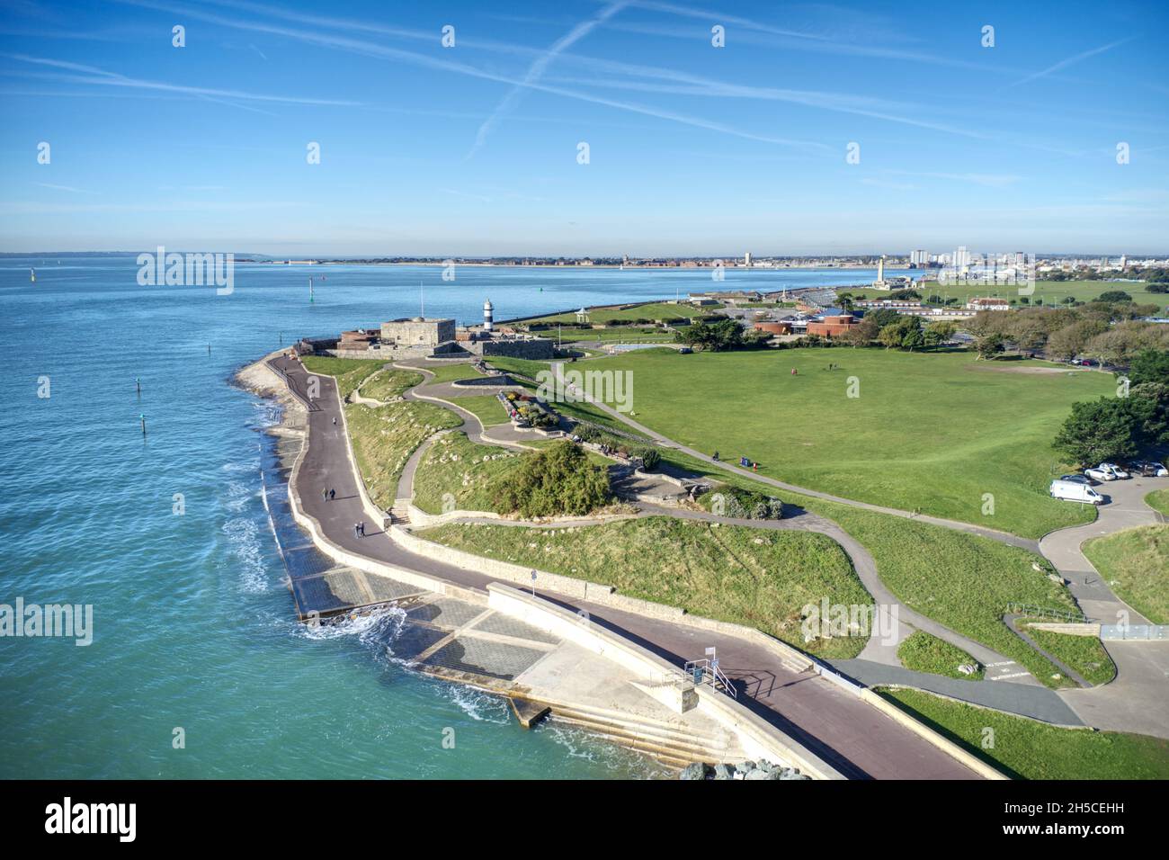 Aerial view of the seafront promenade leading towards Southsea Castle ...