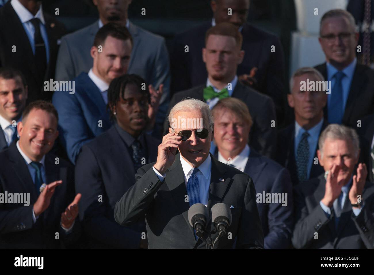 President Joe Biden talks during an event to honor the Milwaukee Bucks ...