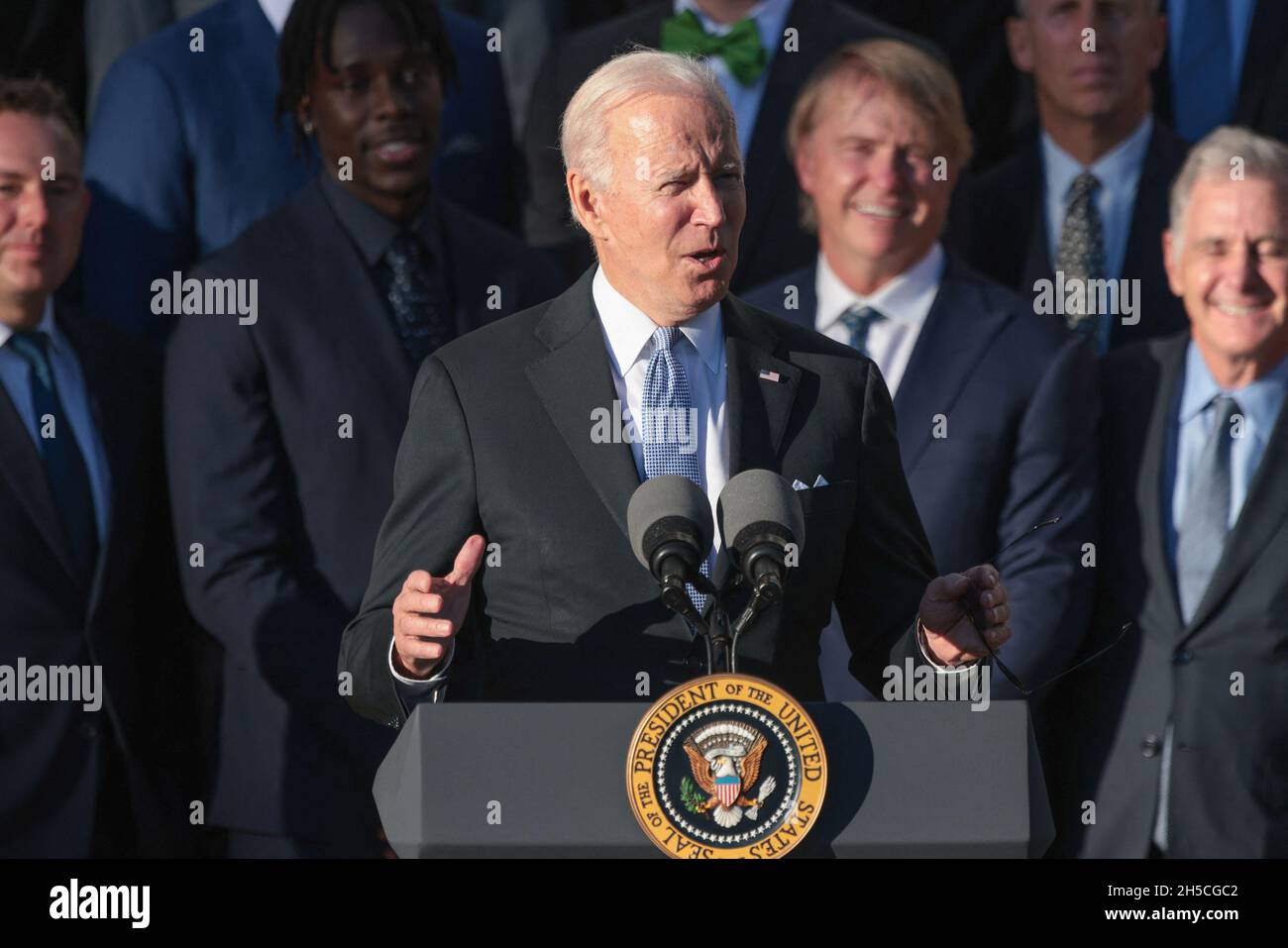 President Joe Biden talks during an event to honor the Milwaukee Bucks ...