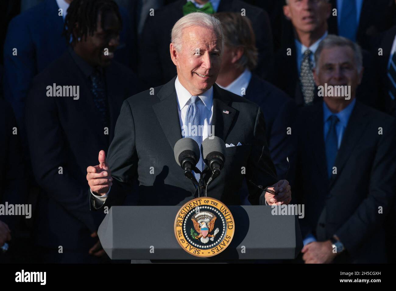 President Joe Biden talks during an event to honor the Milwaukee Bucks ...