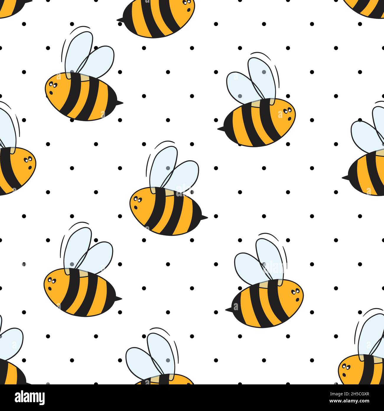 Seamless pattern with bees on white polka dots background. Small wasp ...