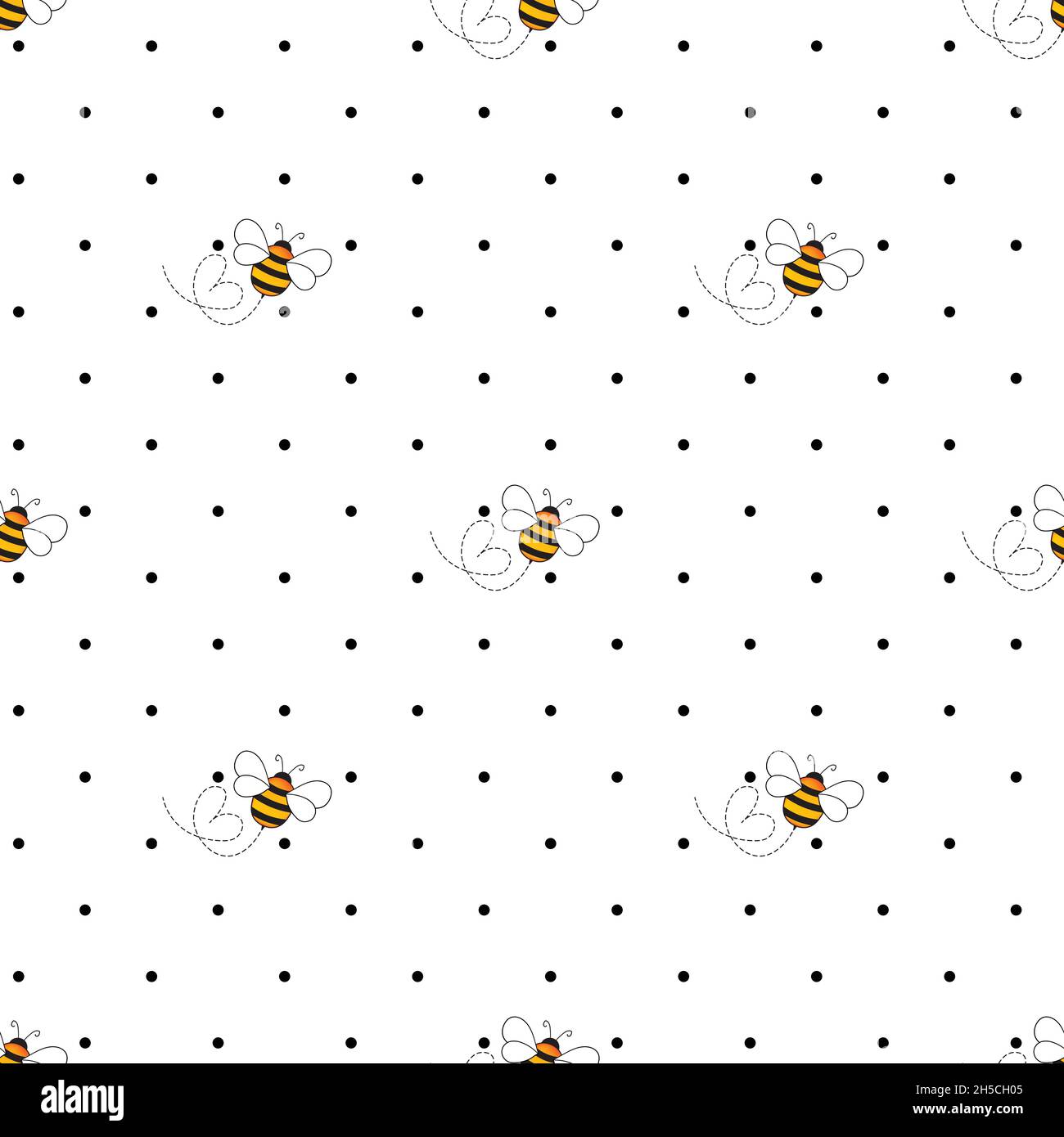 Seamless pattern with bees on white polka dots background. Small wasp ...
