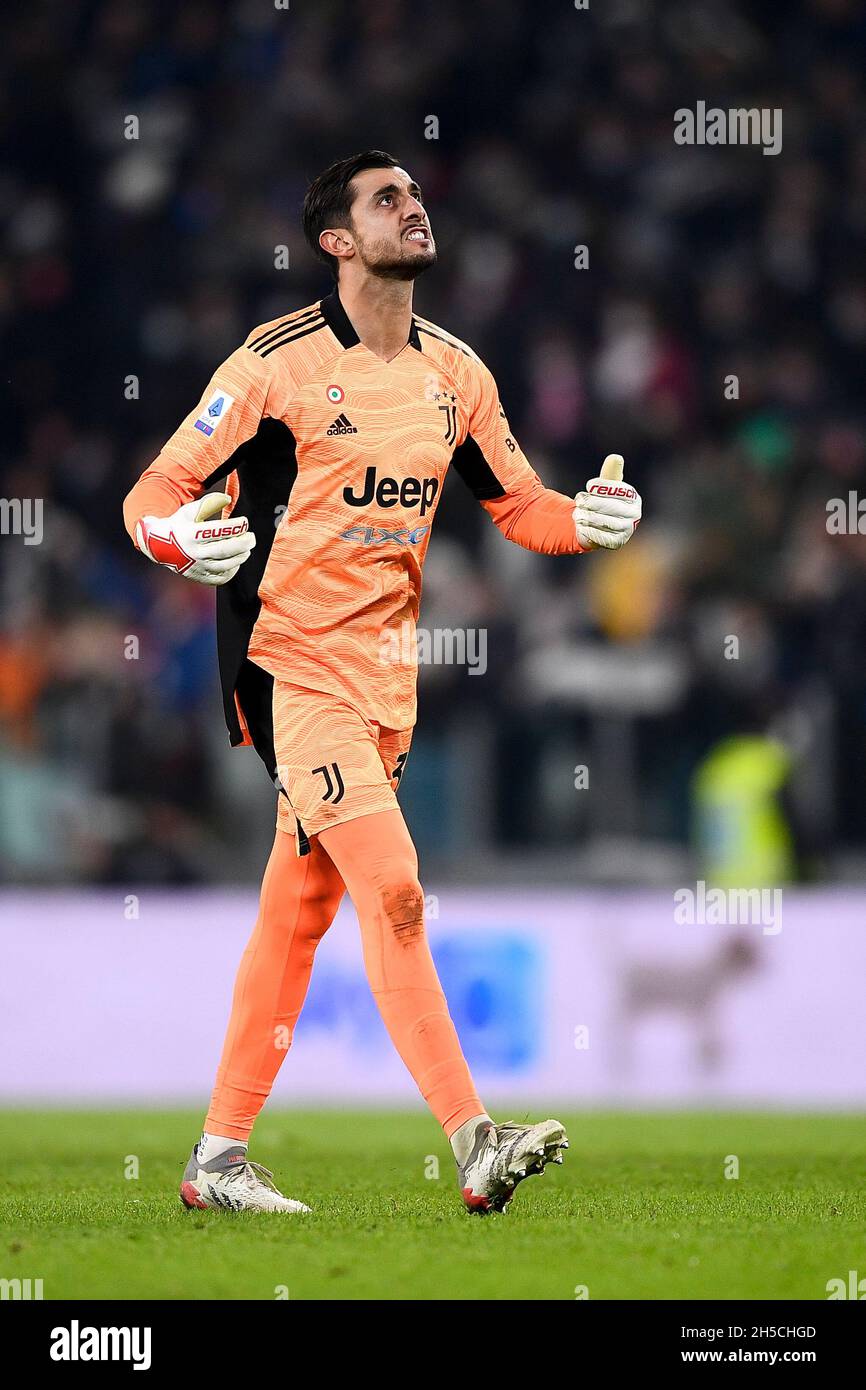 Turin, Italy. 06 November 2021. Mattia Perin of Juventus FC reacts ...