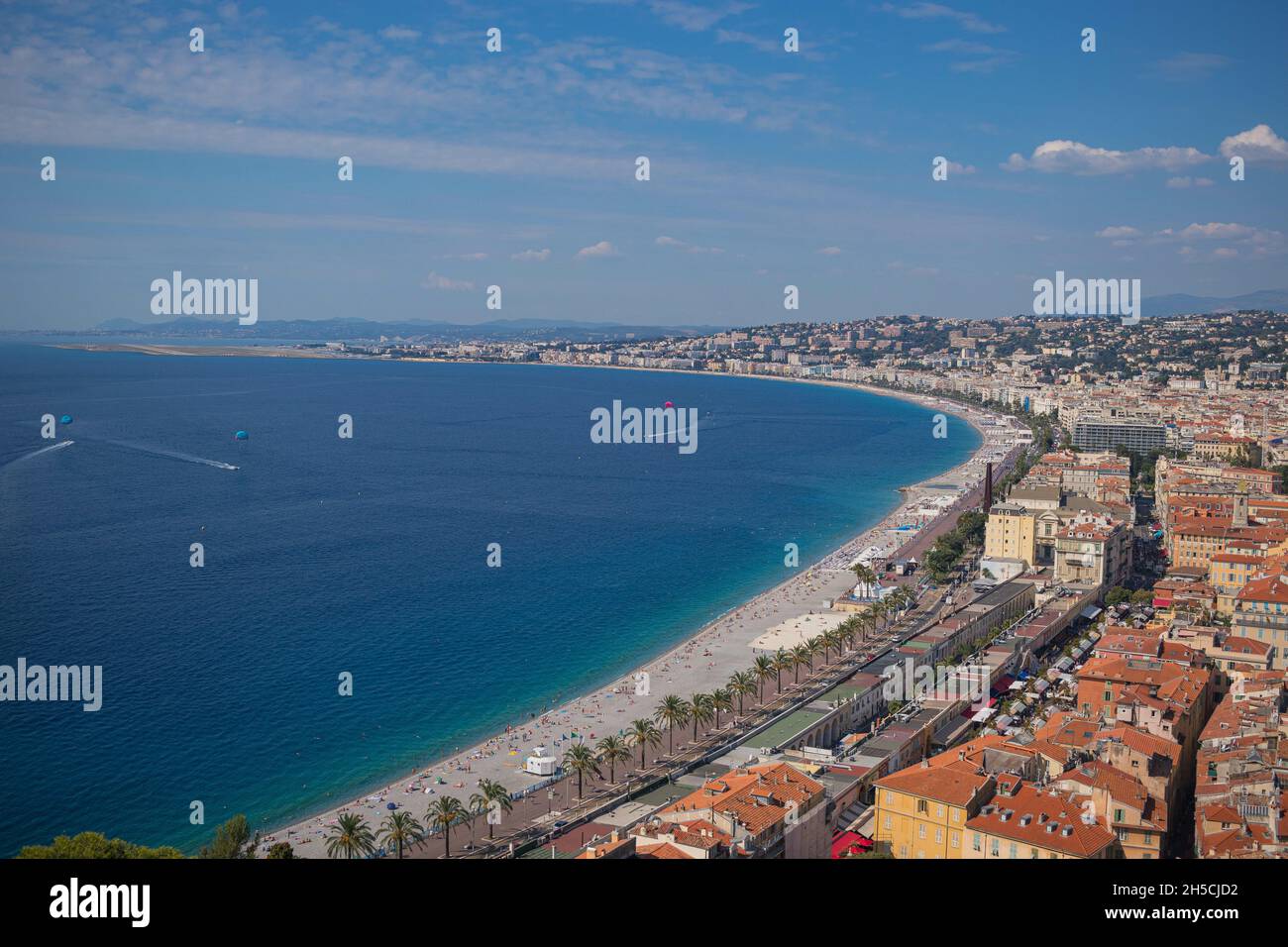 Aerial view of Nice Code de Azur beach with dense coastline buildings ...
