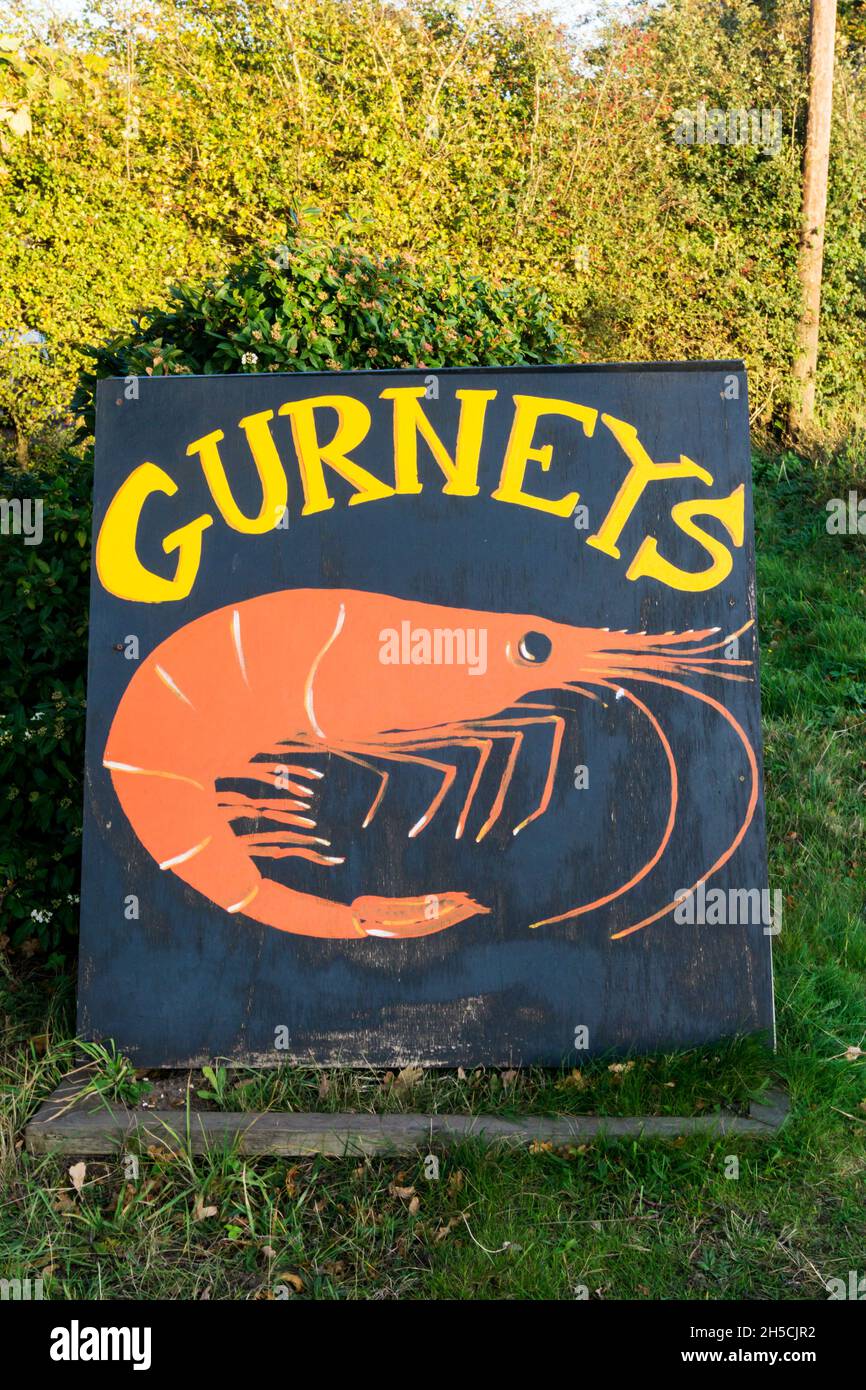 Sign for Gurney's wet fish shop at Drove Orchards farm shop in Thornham ...