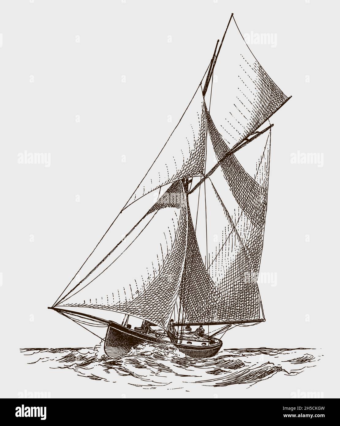 Cutter yacht on wavy sea, after antique graphic from 19th century Stock ...