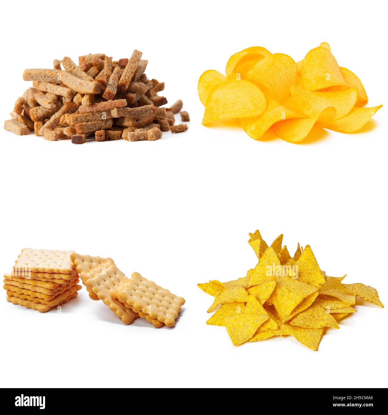 Salty snacks. Pretzels, chips, crackers collage Stock Photo - Alamy