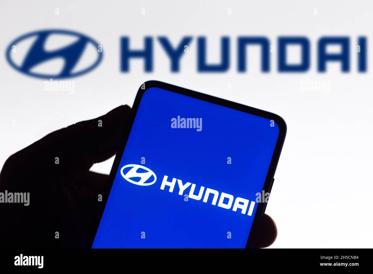 In this photo illustration a Hyundai Motor Company logo is seen ...