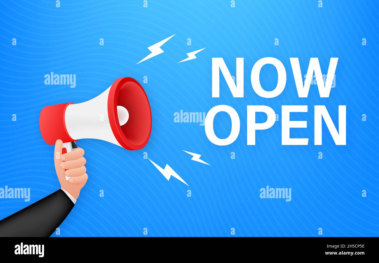 Megaphone with now open. Megaphone banner. Web design. Vector stock ...