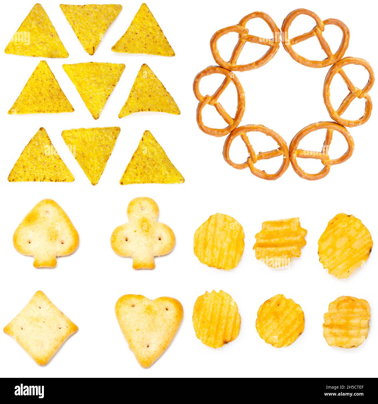 Salty snacks. Pretzels, chips, crackers collage Stock Photo - Alamy