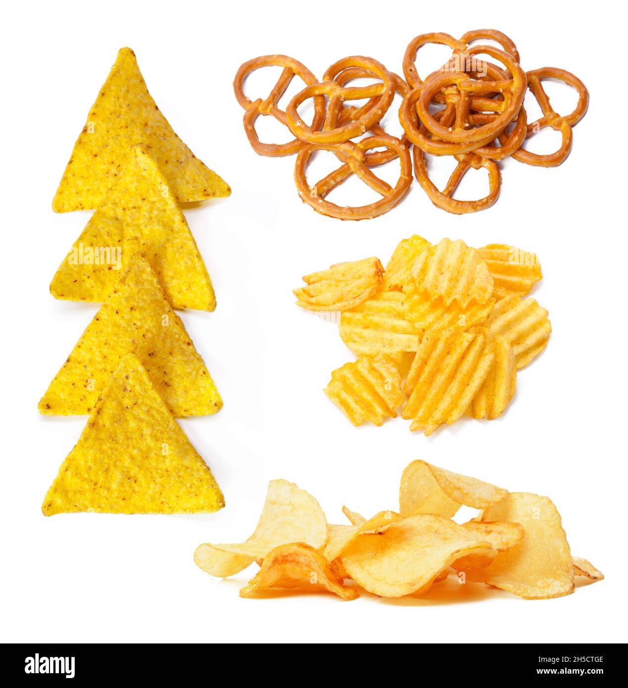 Salty snacks. Pretzels, chips, crackers collage Stock Photo - Alamy