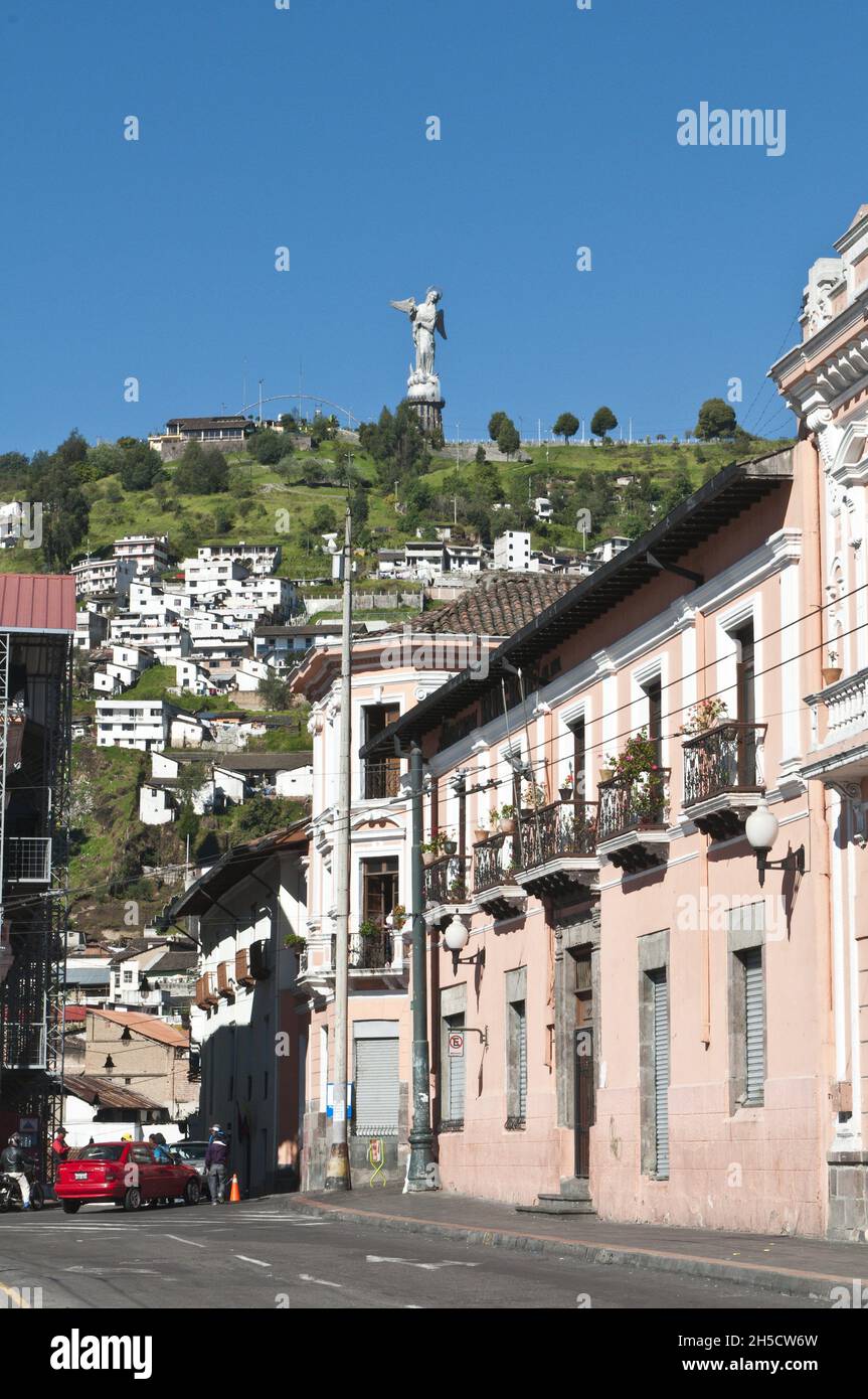 Historic Center with the Virgin of Quito Monument on hill, Ecuador ...