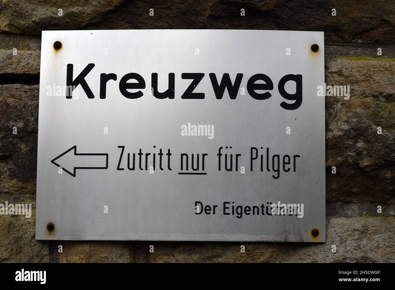 sign 'way of the cross, pilgrims only', Germany, North Rhine-Westphalia ...