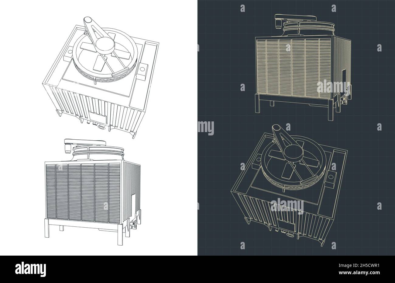Stylized vector illustration of blueprints of cooling tower Stock ...