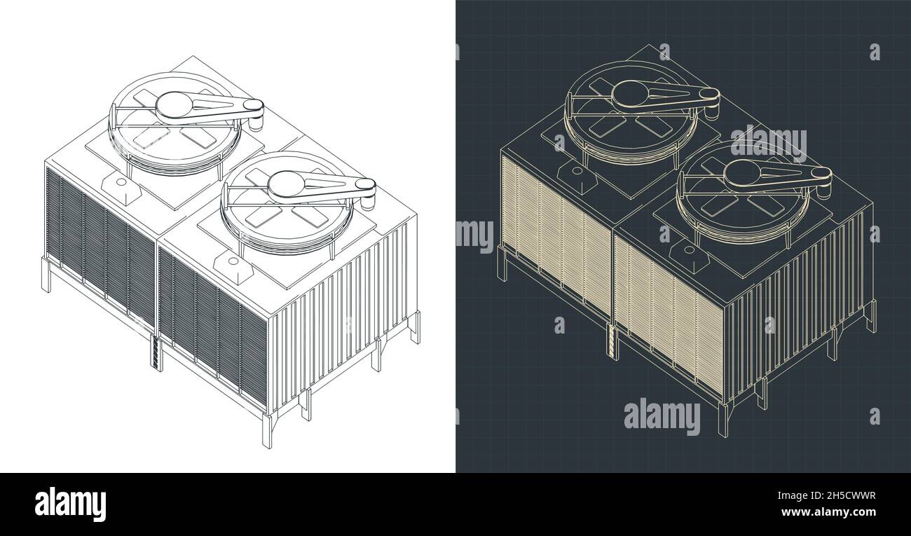 Stylized vector illustration of isometric blueprints of cooling tower ...