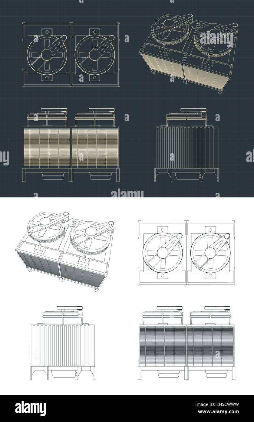 Stylized vector illustration of blueprints of cooling tower Stock ...