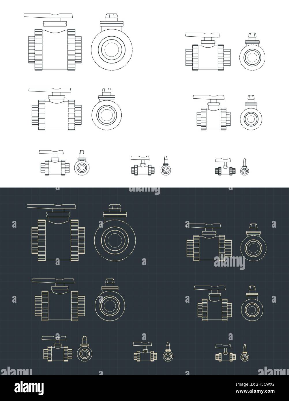 Stylized vector illustration of blueprints of ball valves set Stock ...