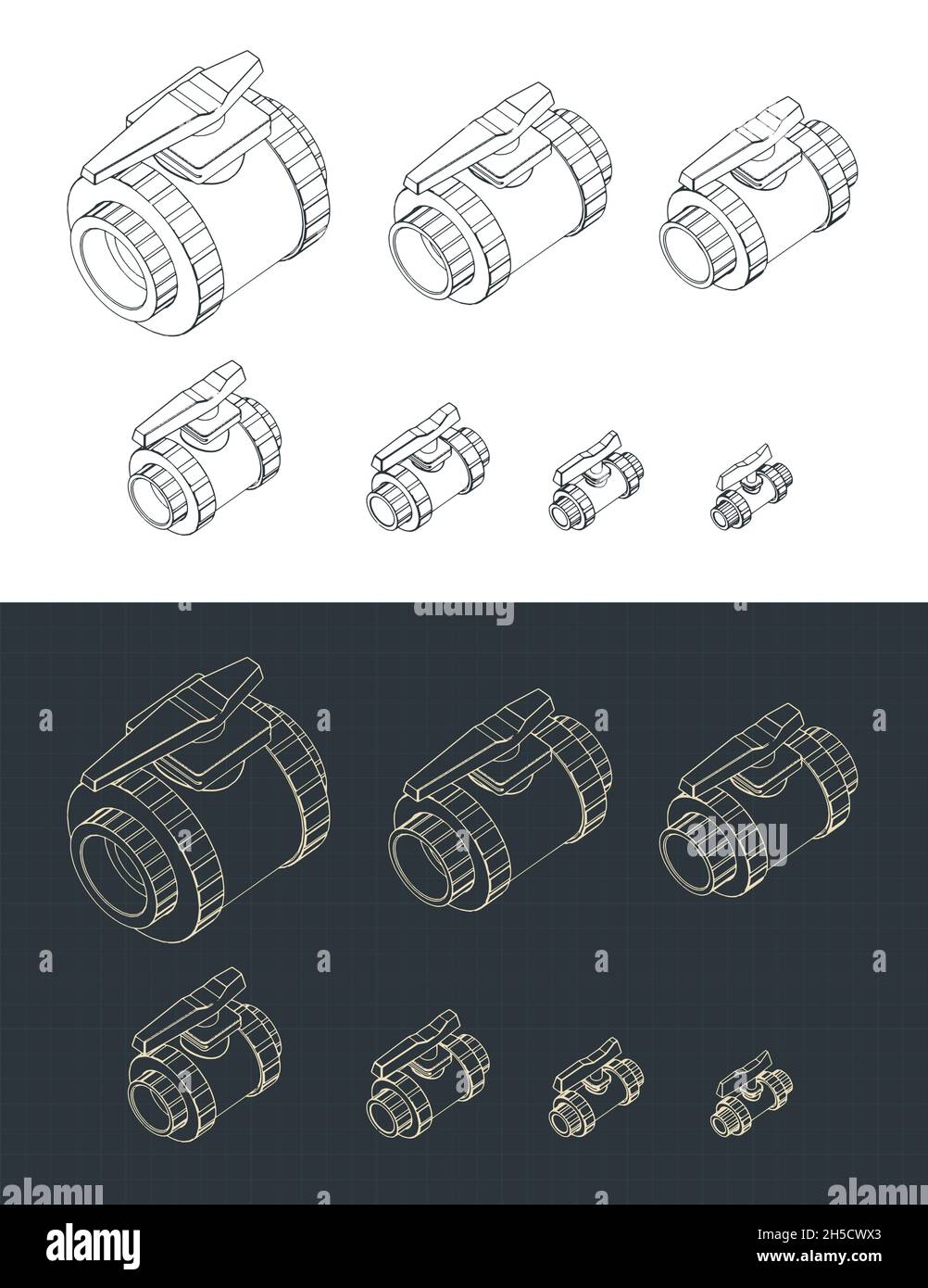 Stylized vector illustration of isometric blueprints of ball valves set ...