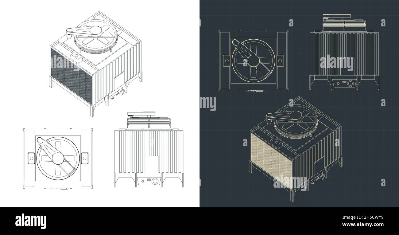Stylized vector illustration of blueprints of cooling tower Stock ...