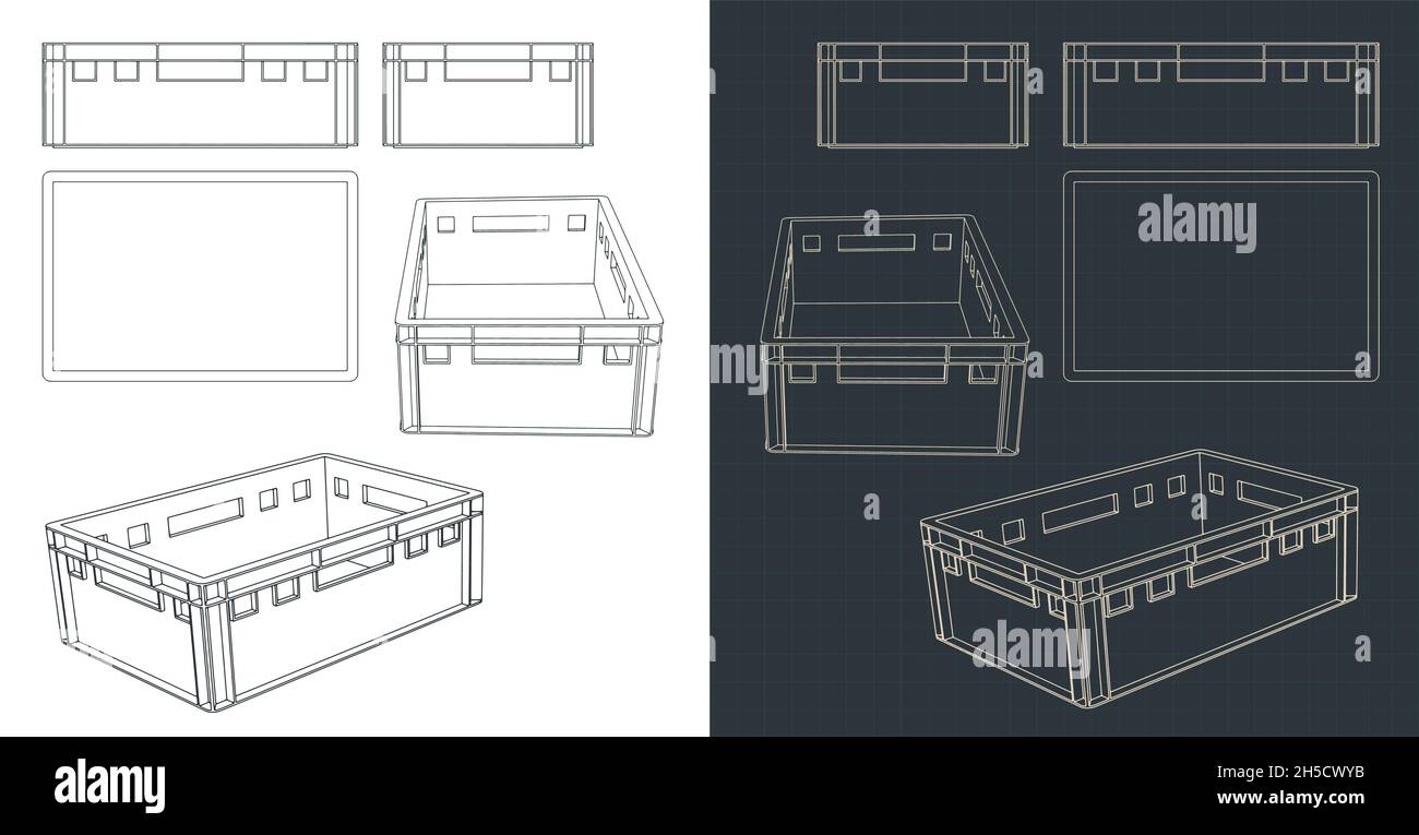 Stylized vector illustration of blueprints of plastic pallet box Stock ...