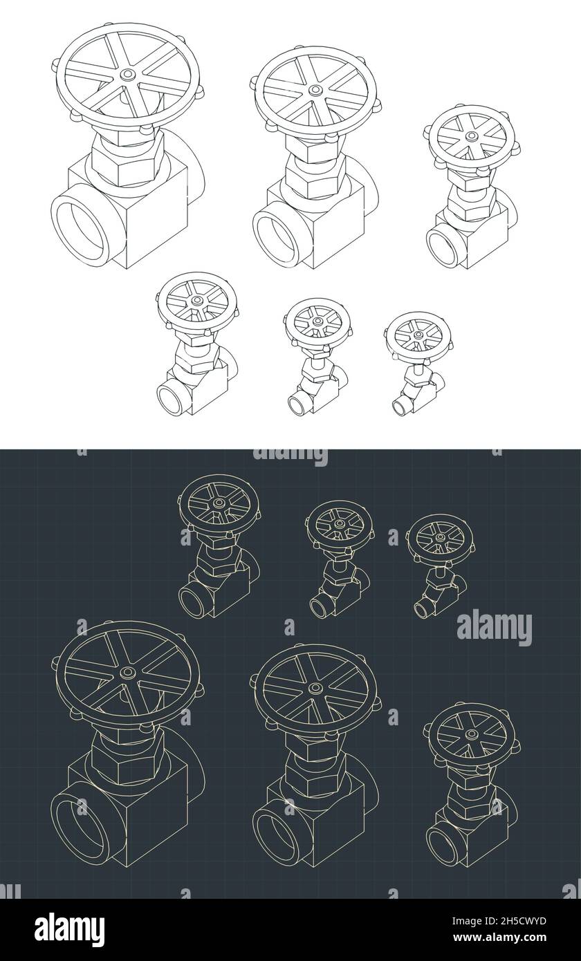 Stylized vector illustration of isometric blueprints of needle valves ...