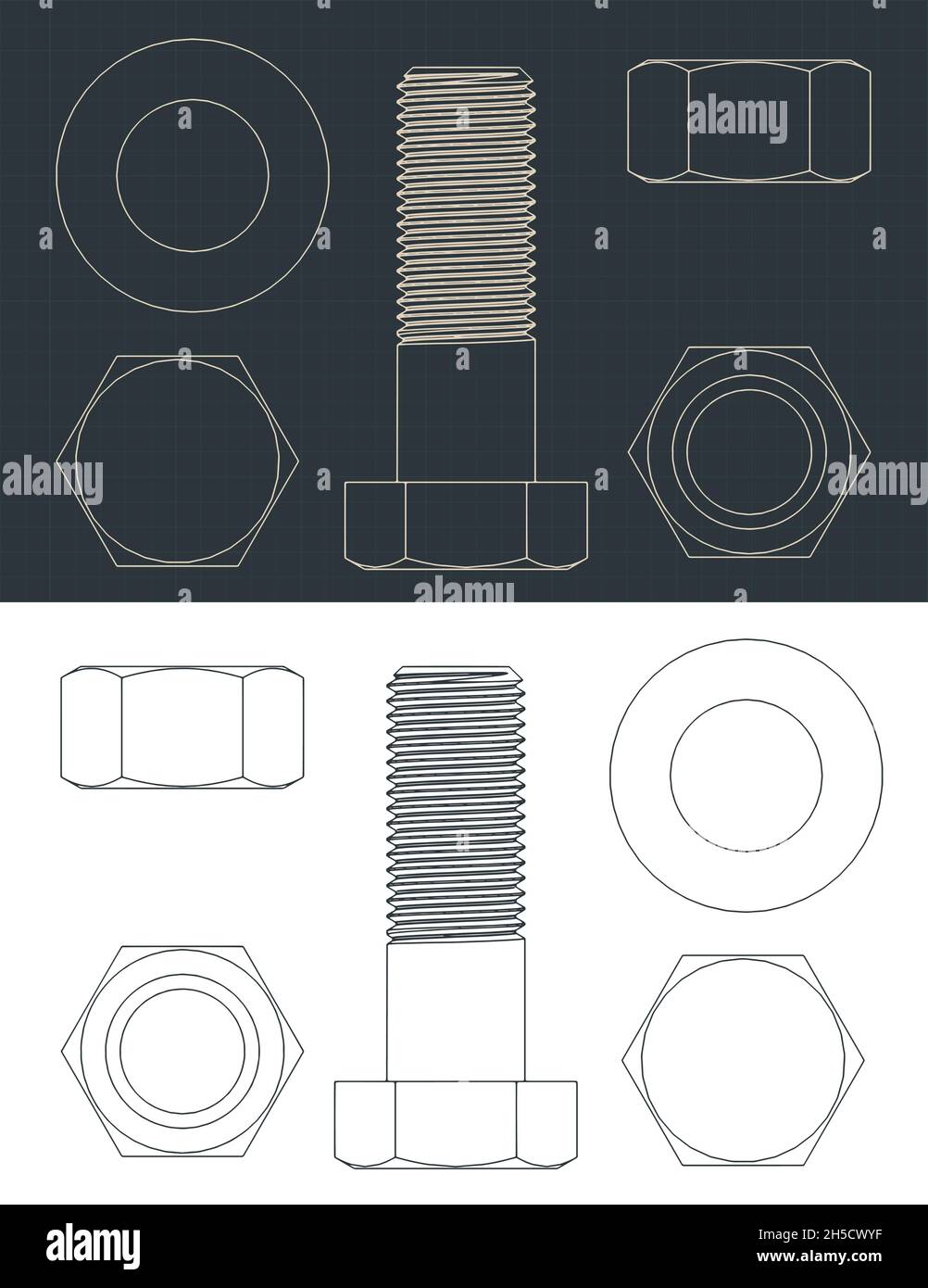 Stylized vector illustration of blueprints of hexagon bolt and nuts ...