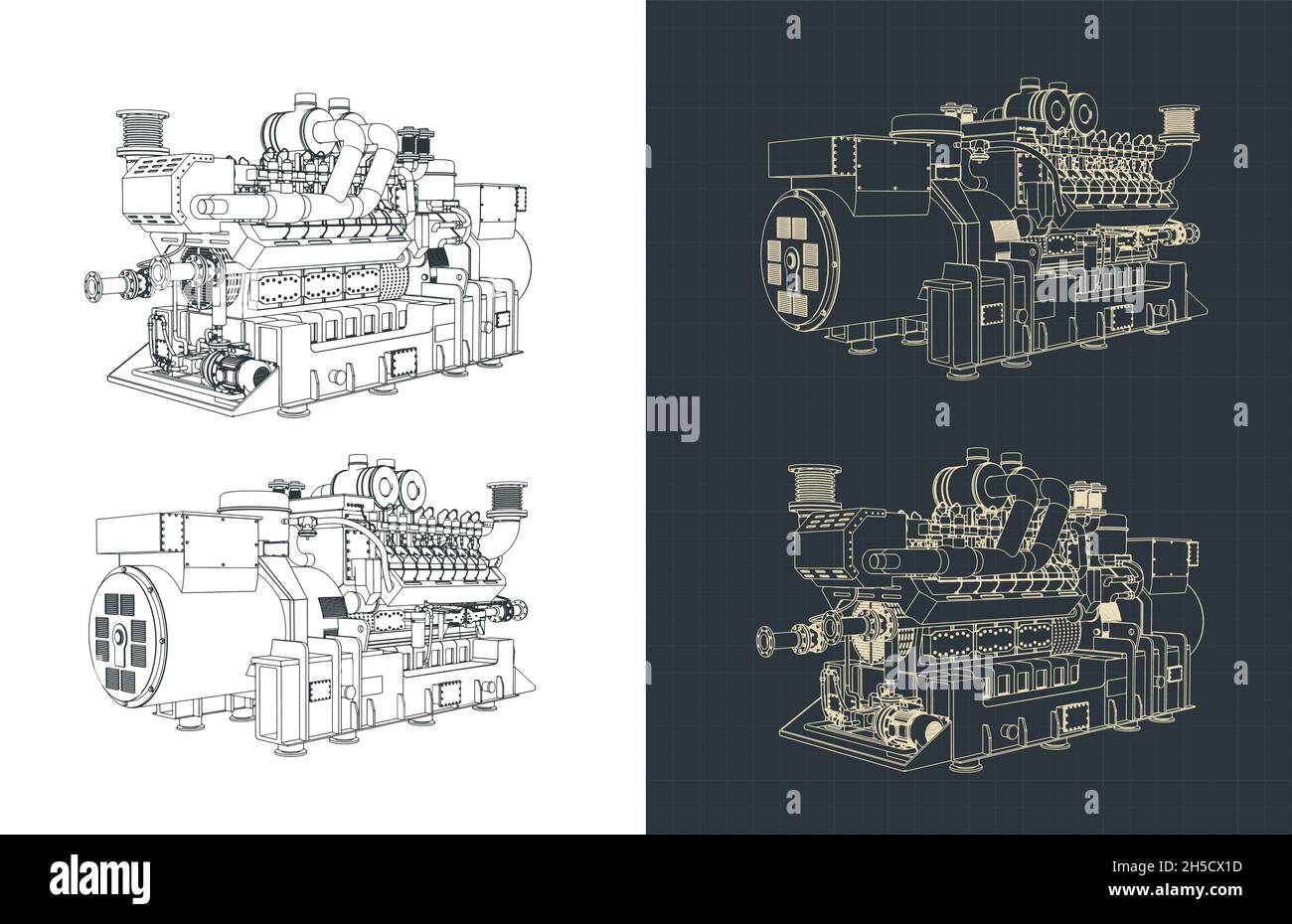 Stylized vector illustration of blueprints of industrial gas engine ...