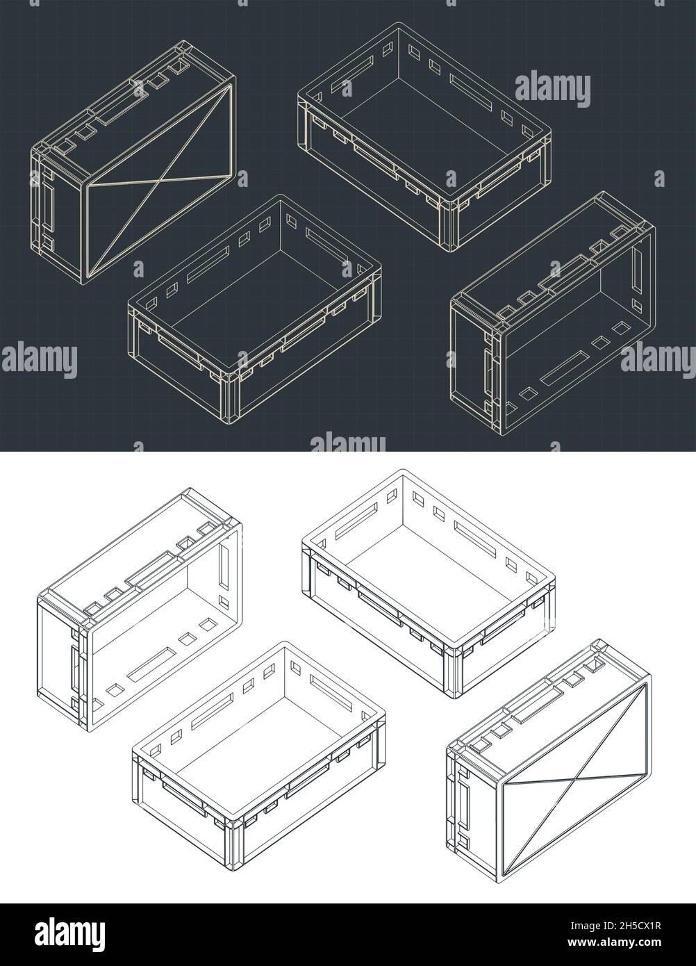 Stylized vector illustration of isometric blueprints of plastic pallet ...