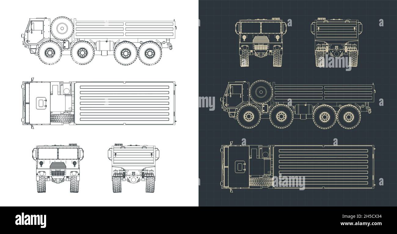 Stylized vector illustration of blueprints of military heavy duty truck ...