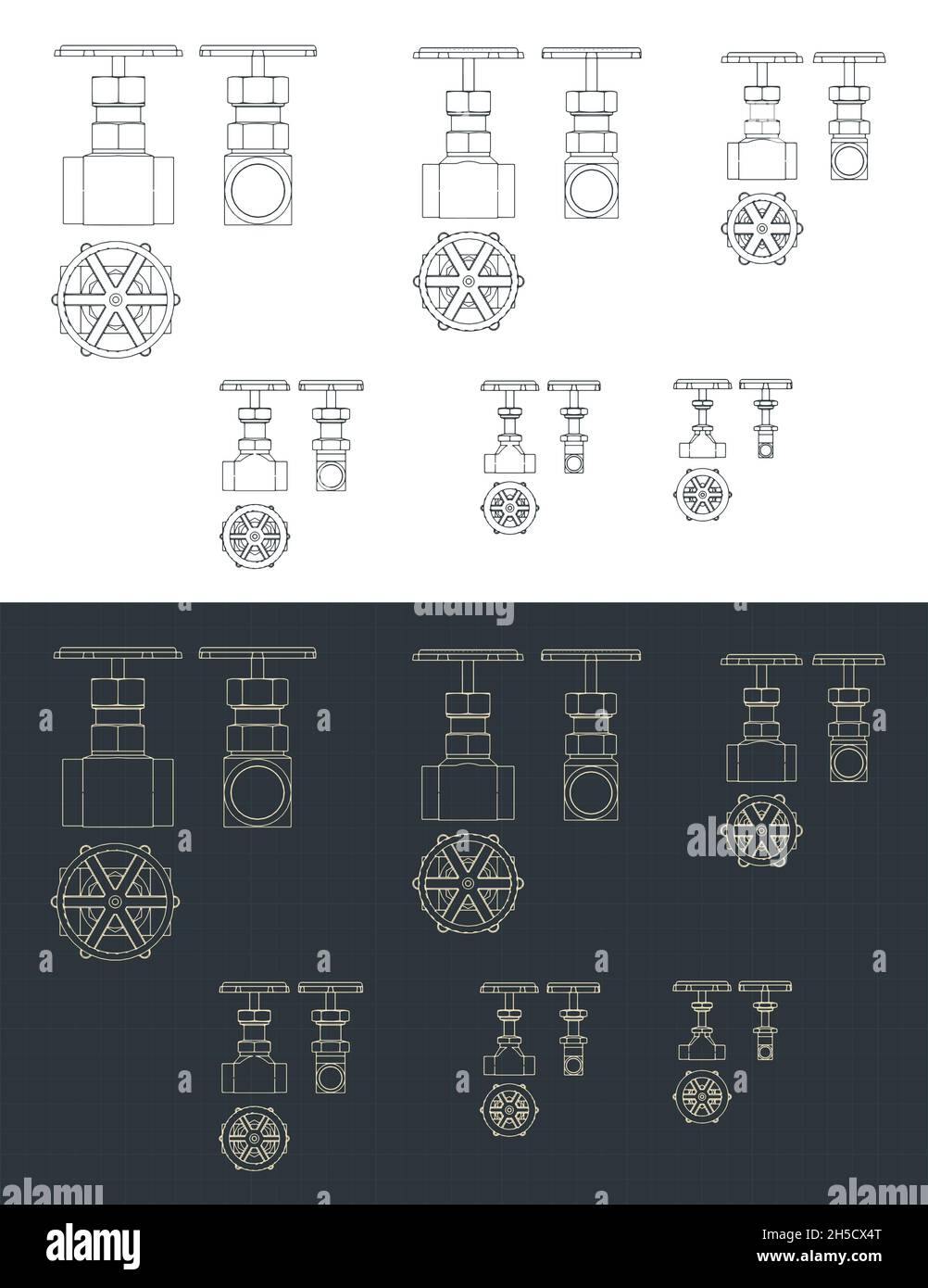 Stylized vector illustration of blueprints of needle valves set Stock ...