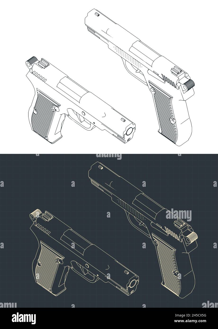 Stylized vector illustration of isometric drawings of a pistol Stock ...