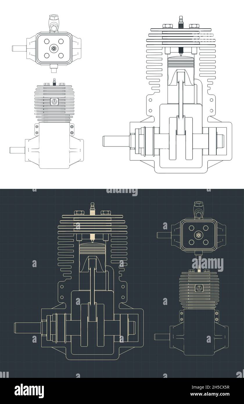Stylized vector illustration of blueprints of two-stroke engine Stock ...