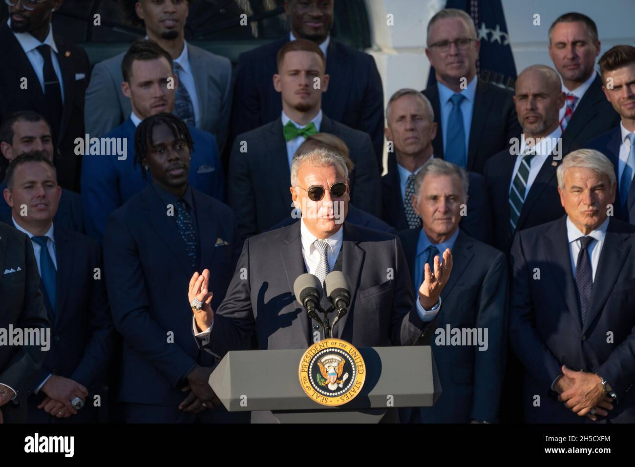 Milwaukee Bucks team owner Marc Lasry speaks while the team was honored ...
