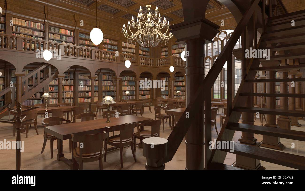 3D illustration victorian library room interior Stock Photo - Alamy