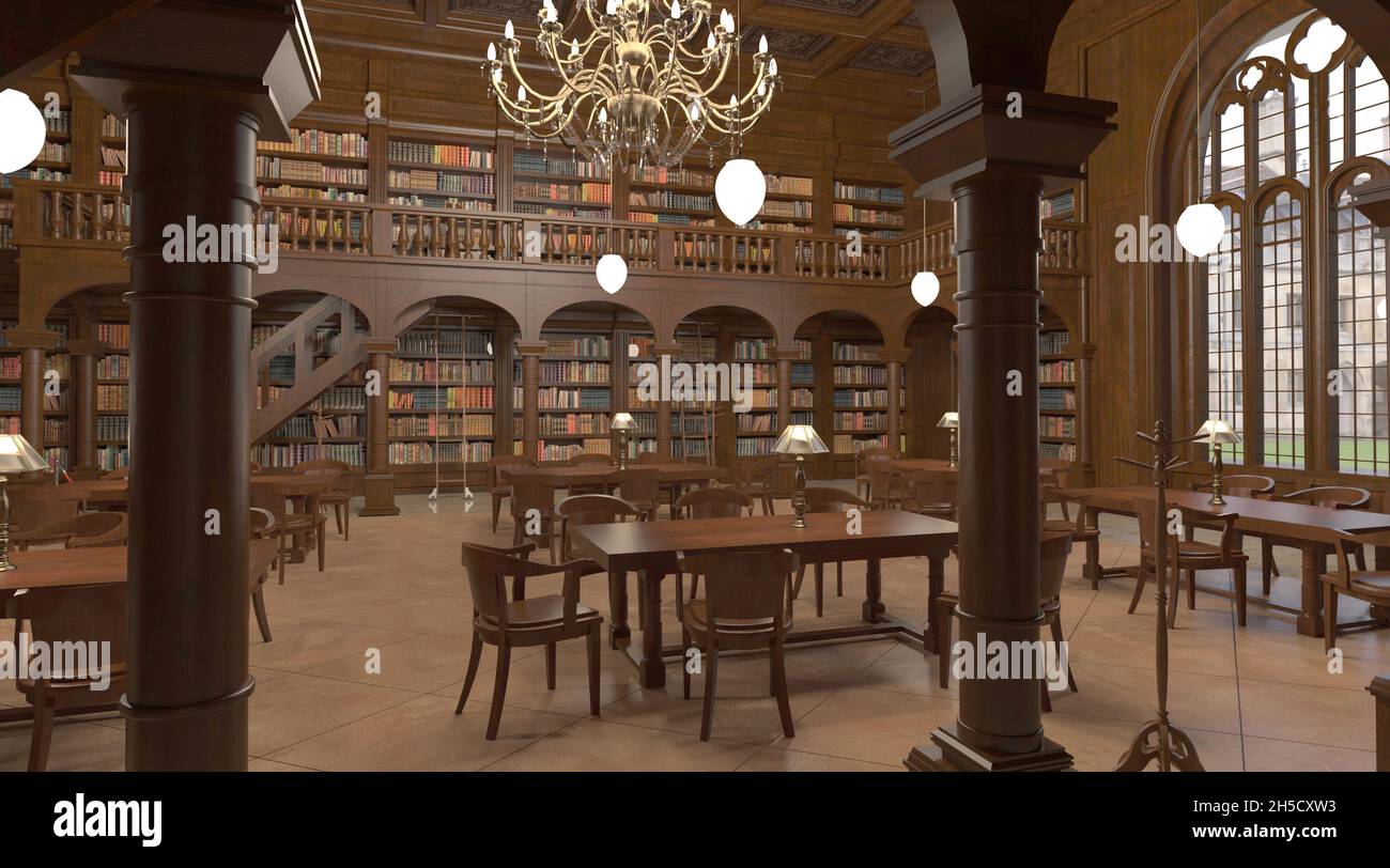 3D illustration victorian library room interior Stock Photo - Alamy