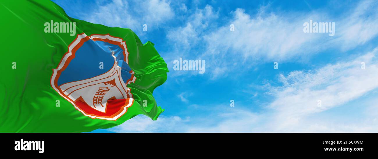 flag of Kinmen, County at cloudy sky background on sunset, panoramic ...