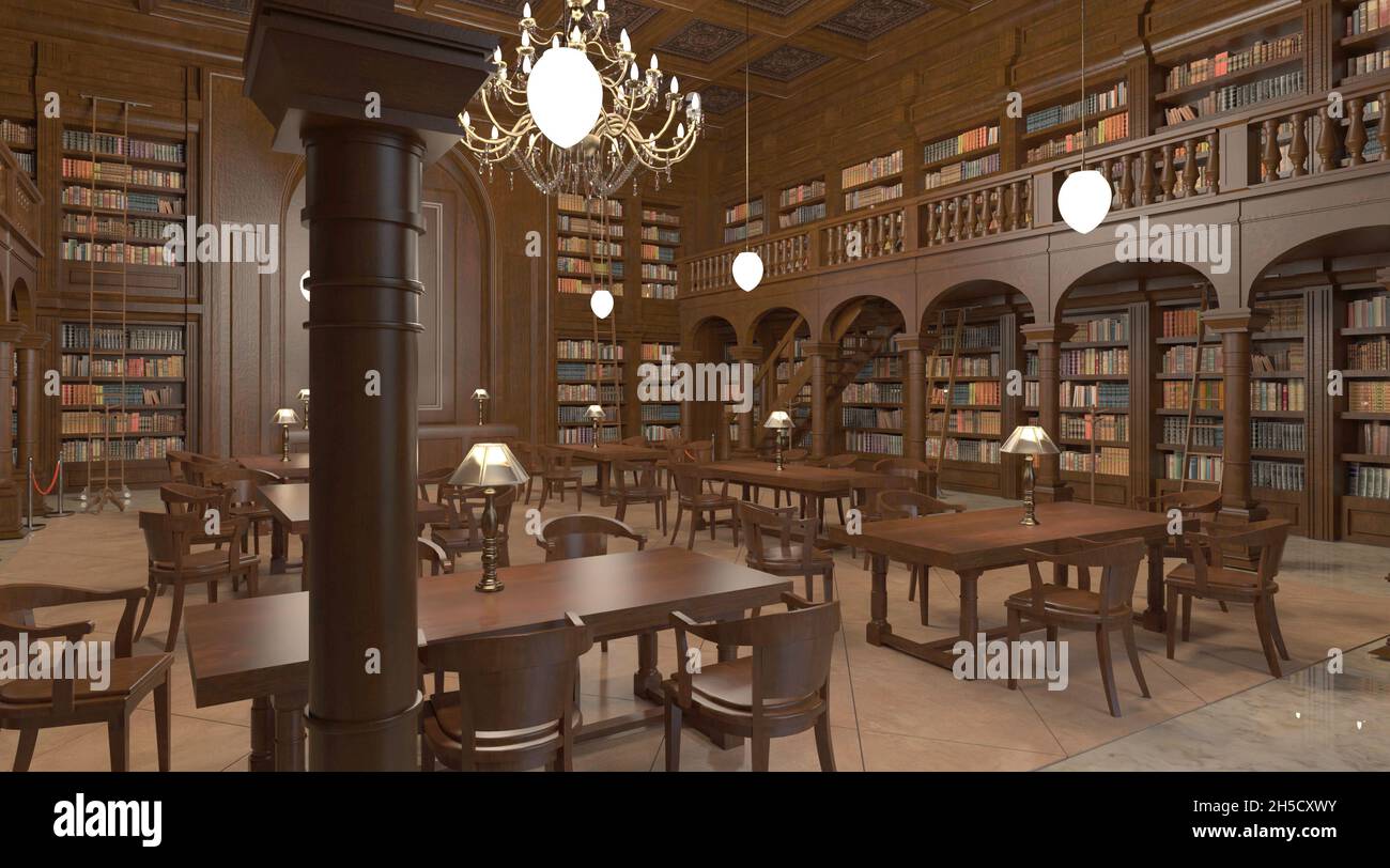 3D illustration victorian library room interior Stock Photo - Alamy