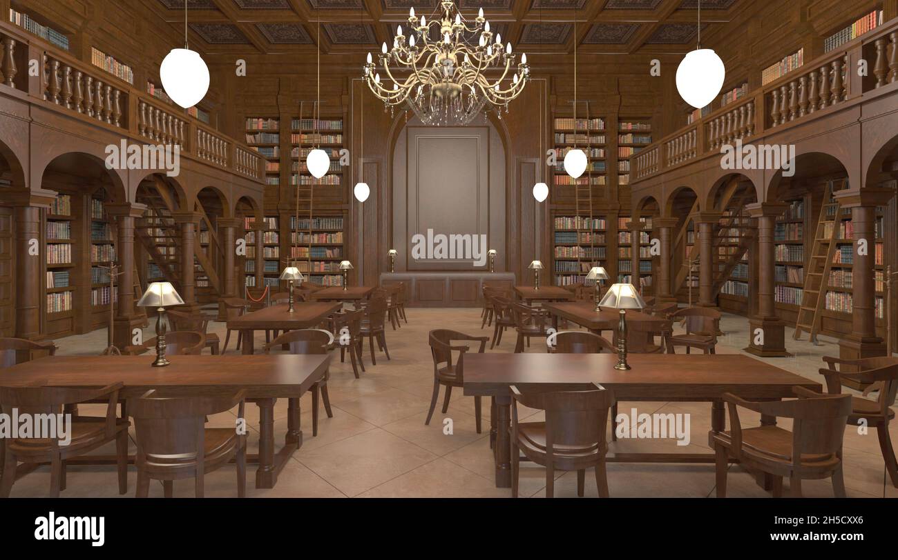 3D illustration victorian library room interior Stock Photo - Alamy