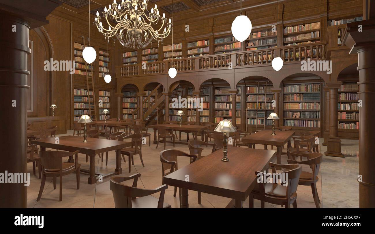 3D illustration victorian library room interior Stock Photo - Alamy