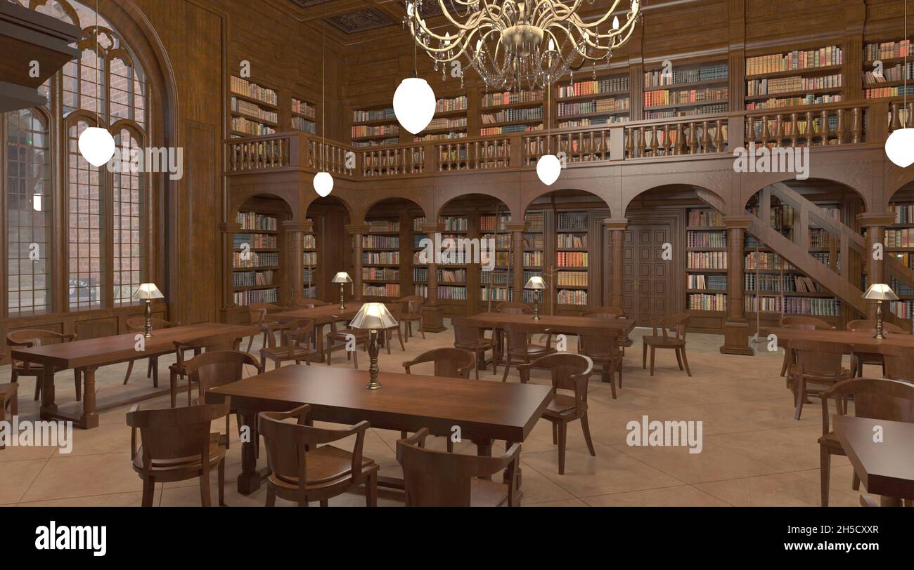 3D illustration victorian library room interior Stock Photo - Alamy