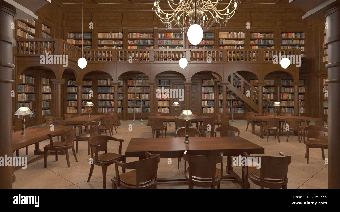 3D illustration victorian library room interior Stock Photo - Alamy