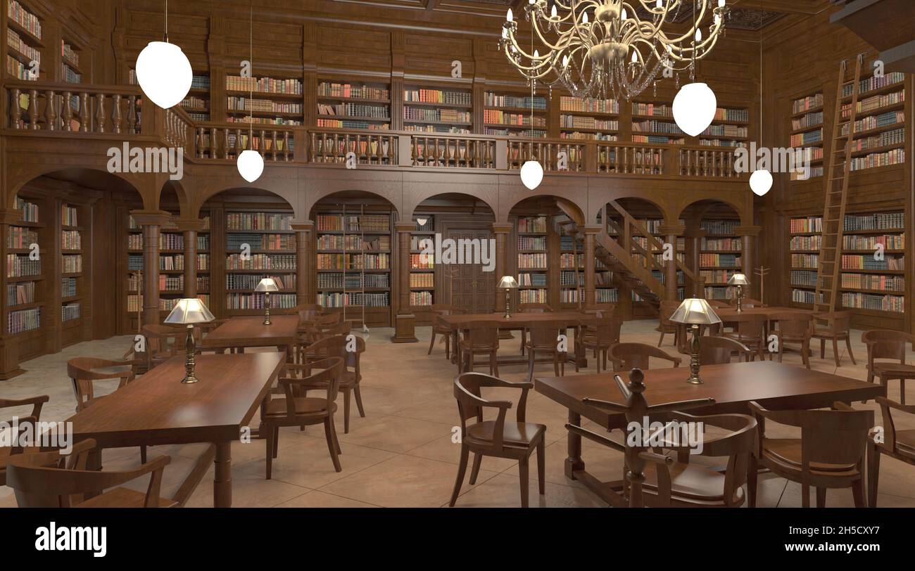 3D illustration victorian library room interior Stock Photo - Alamy