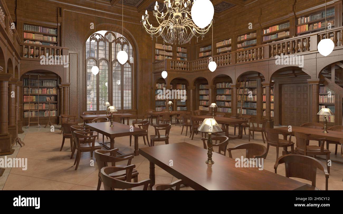 3D illustration victorian library room interior Stock Photo - Alamy